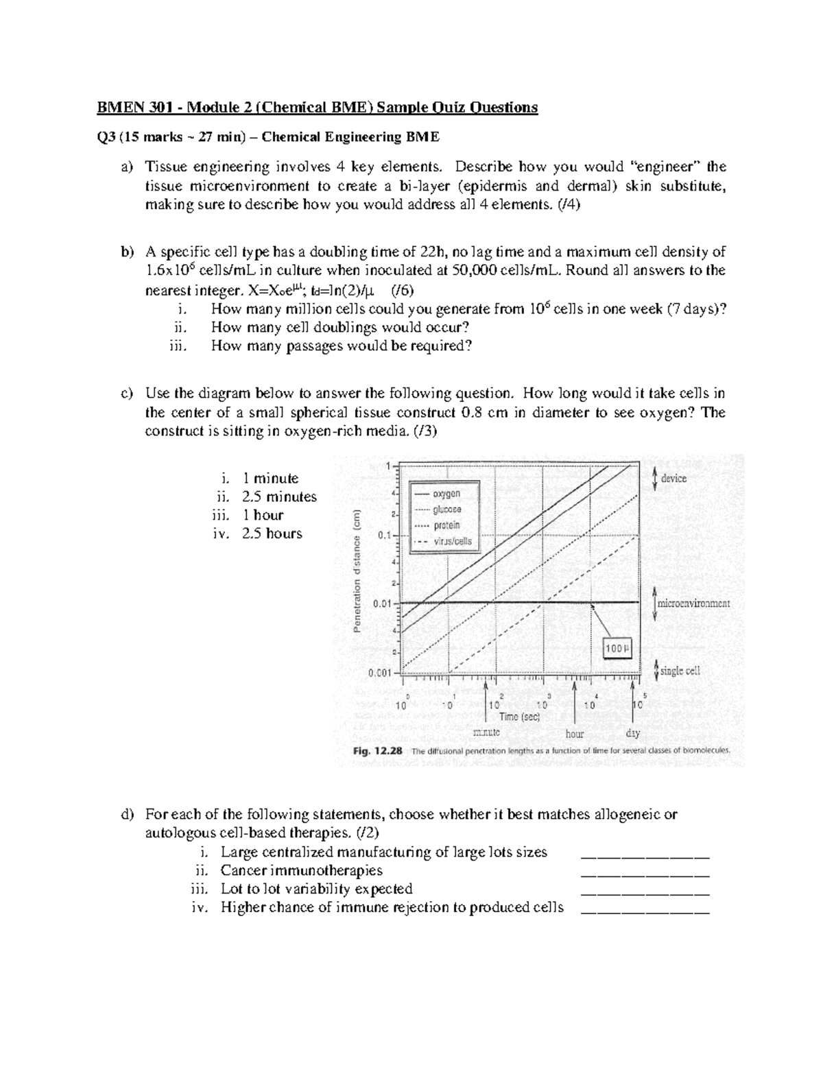 BMEN 301 Sample Quiz Questions on Chemical BME Concepts - Studocu