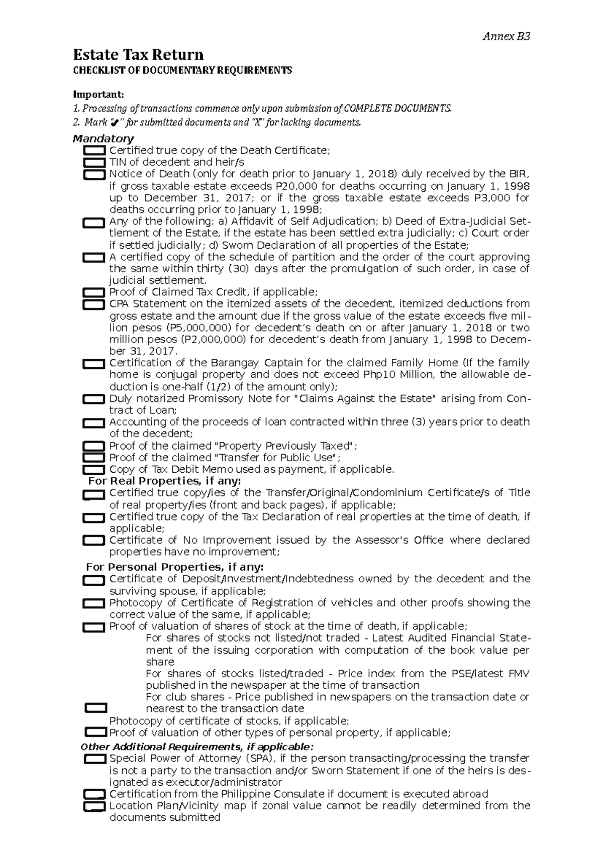 Annex B3 Estate Tax Return Checklist and Requirements 2022 - Studocu