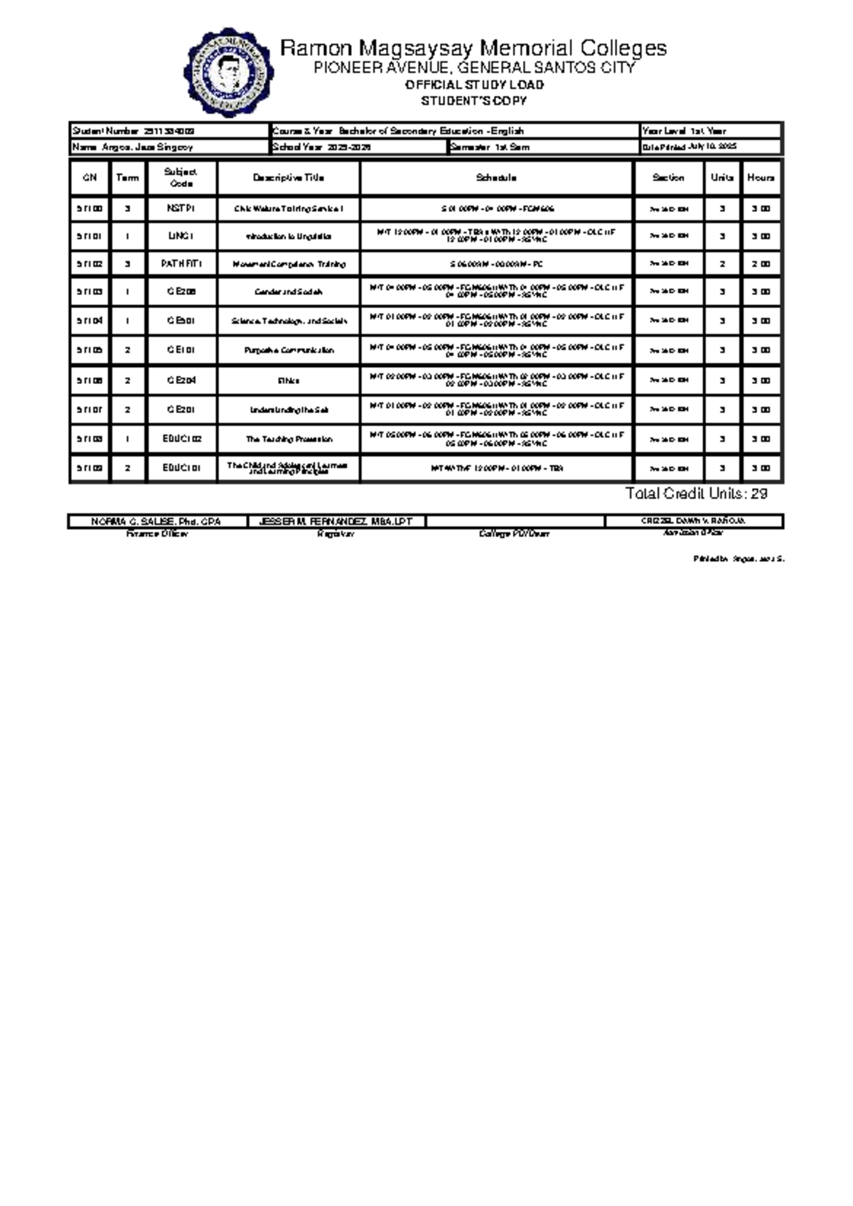 BSE English 1st Year Study Load - SY 2025, Student No. 2511384009 - Studocu