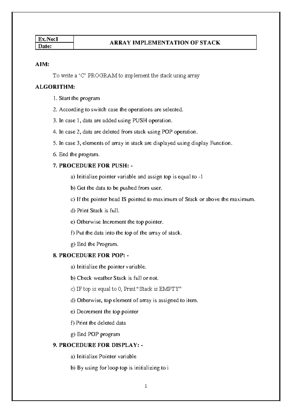 Data Structures Lab Manual: Stack & Queue Implementation (Ex.No:1 & Ex ...