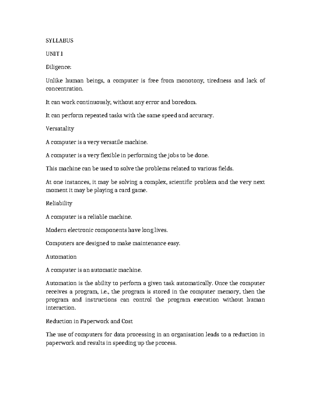 SYLLABUS UNIT I: Key Features of Computers and Their Benefits - Studocu