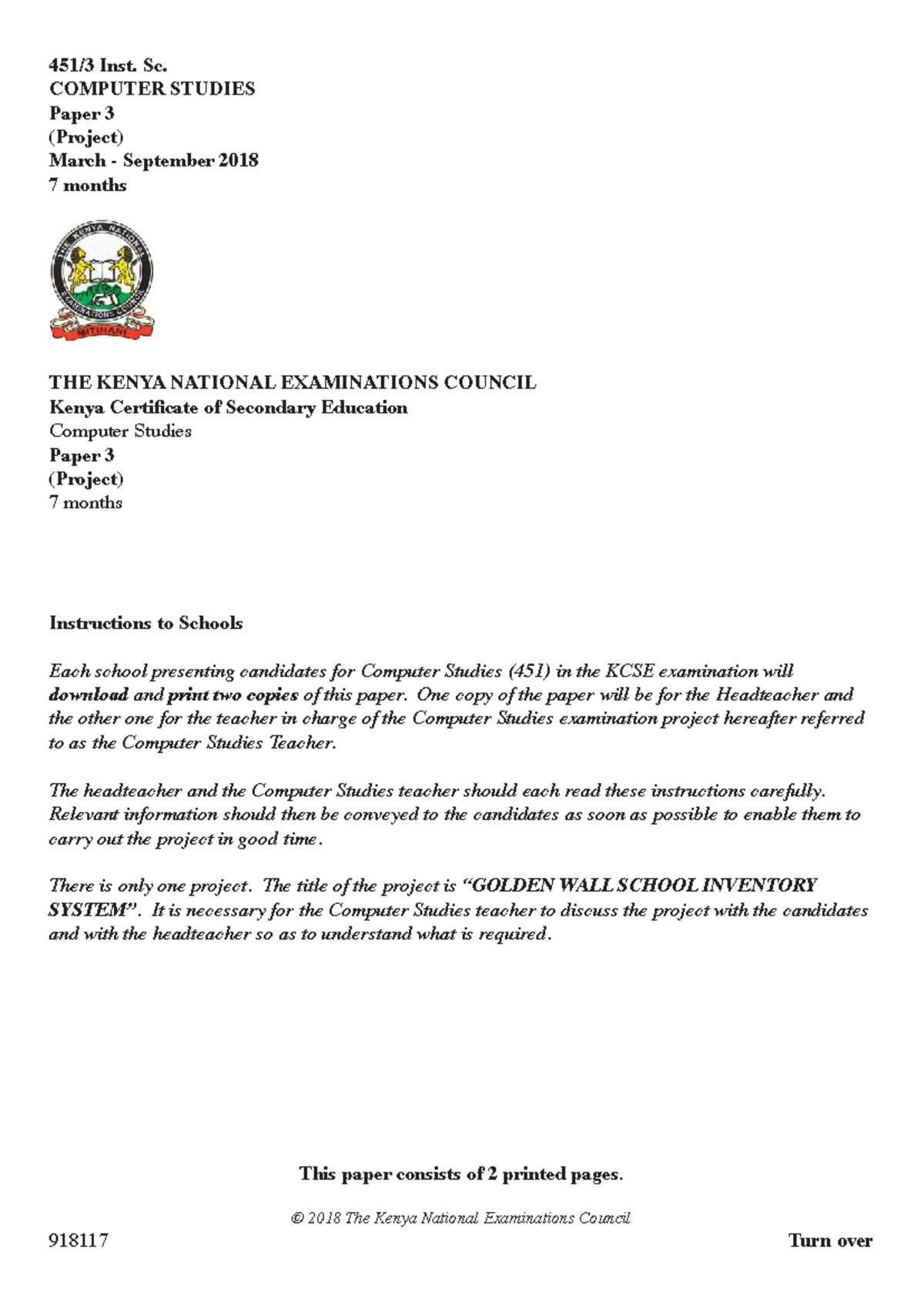 451-3 KCSE Computer Studies Project Instructions for Schools - Studocu