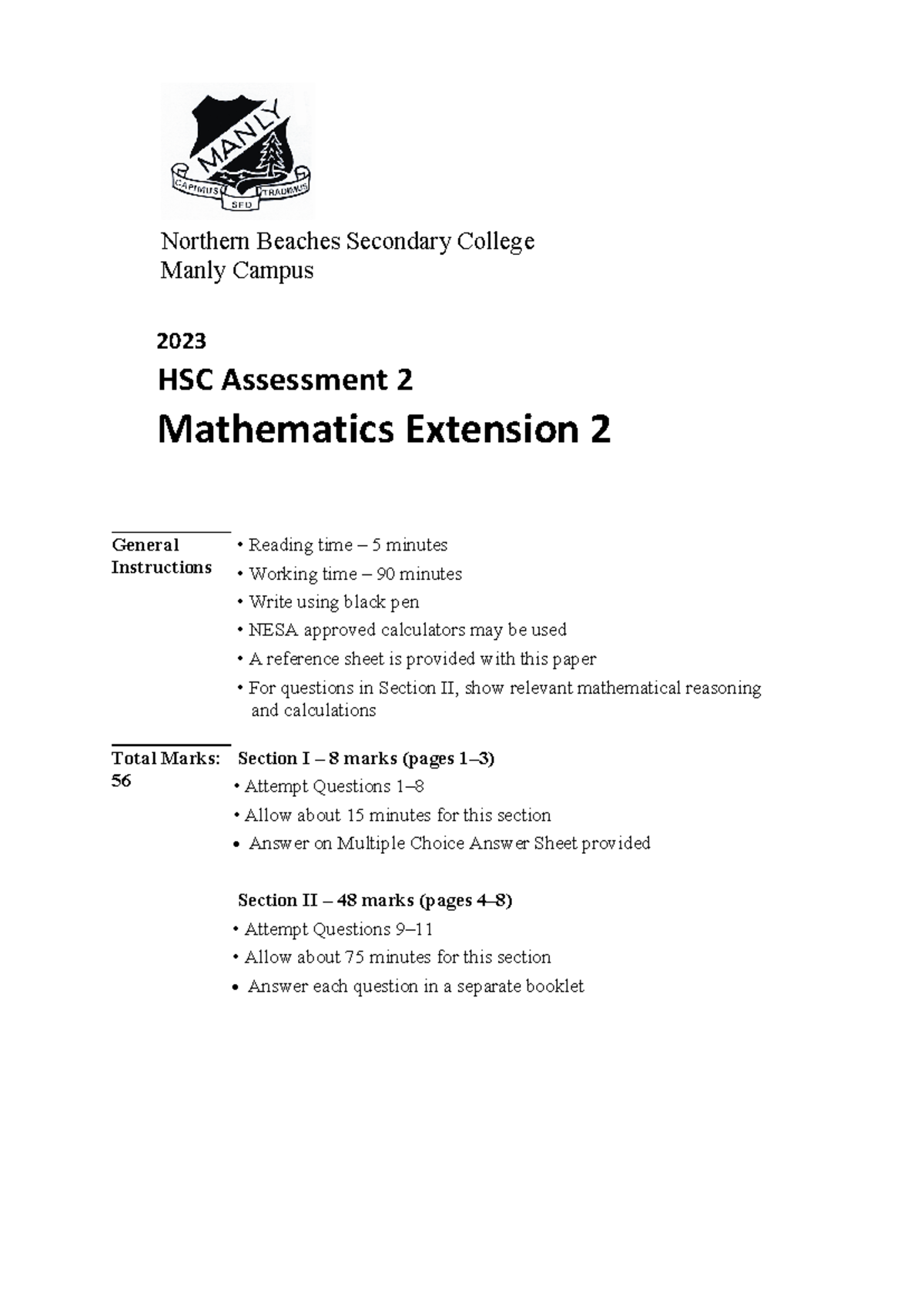 Mathematics Extension 2 HSC Assessment 2 Solutions and Marking Guide ...