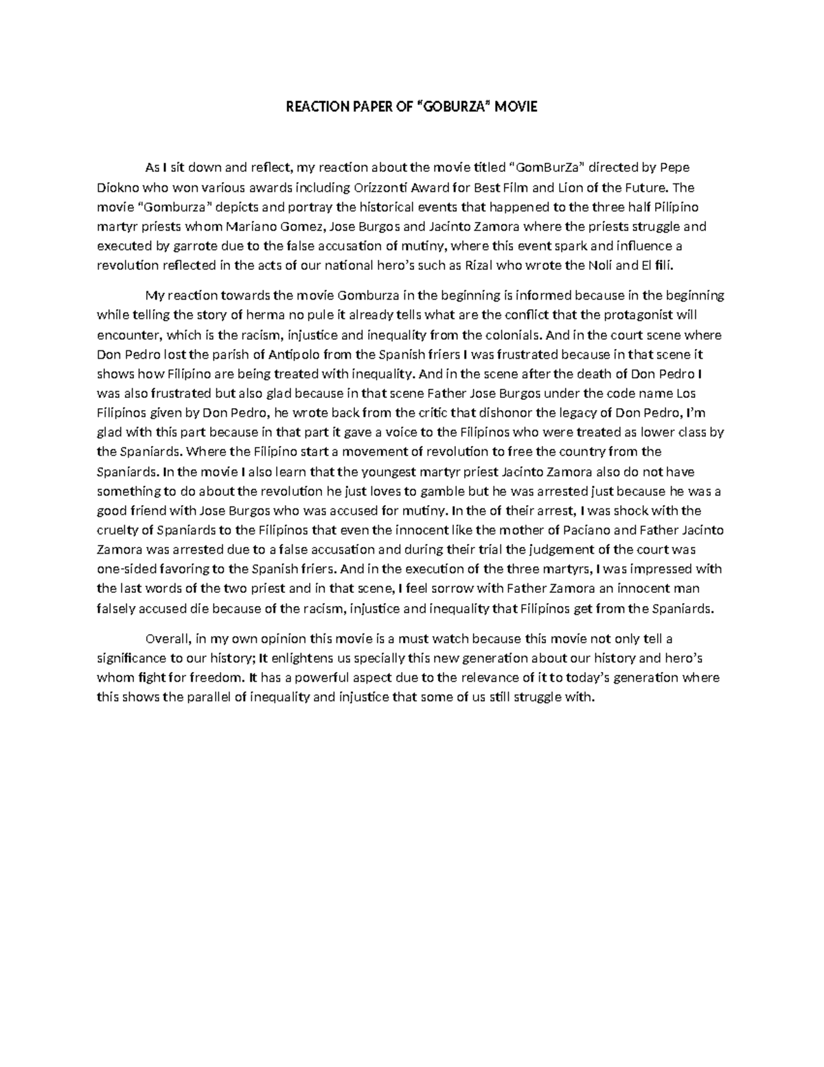 GOMBURZA: Reaction & Reflection on the Historical Drama Essay - Studocu