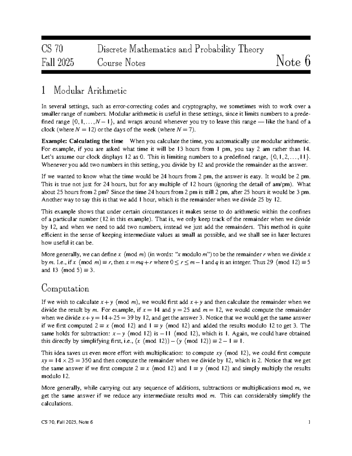 CS 70 Fall 2025: Modular Arithmetic & Euclid's Algorithm Notes - Studocu