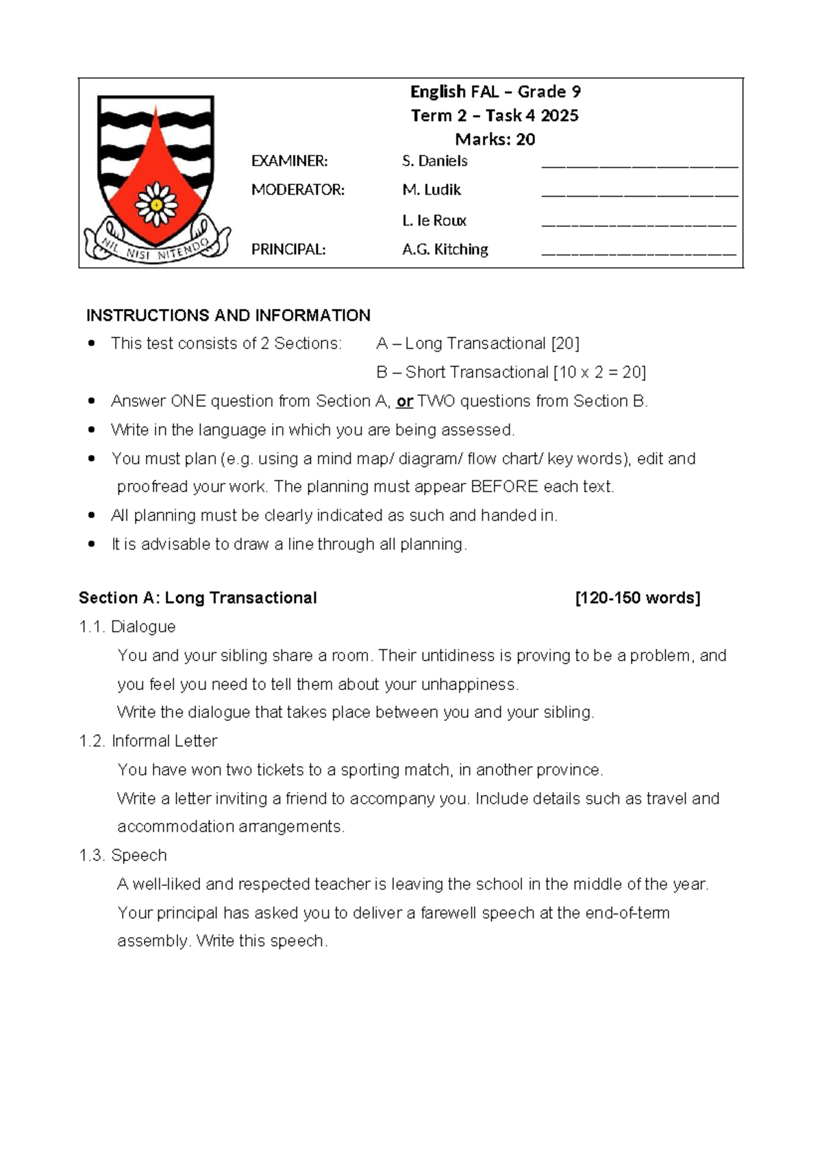 Gr9 Eng FAL T2 Task 4: Transactional Writing Exam 2025 - Studocu