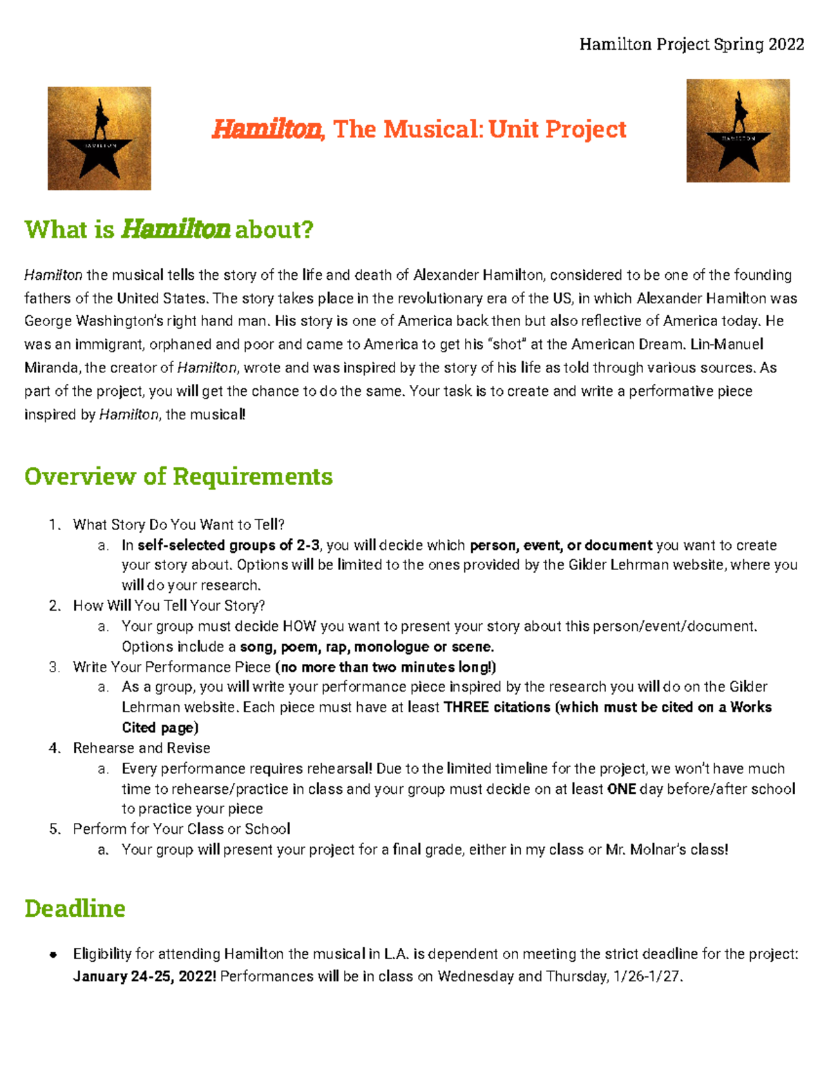 Hamilton Project Guidelines & Evaluation Rubric (Spring 2022) - Studocu