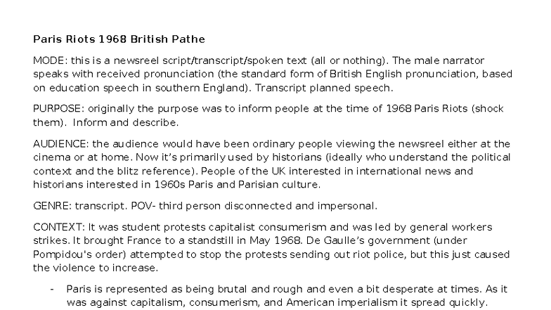 Paris Riots 1968: A Newsreel Transcript Analysis - Studocu