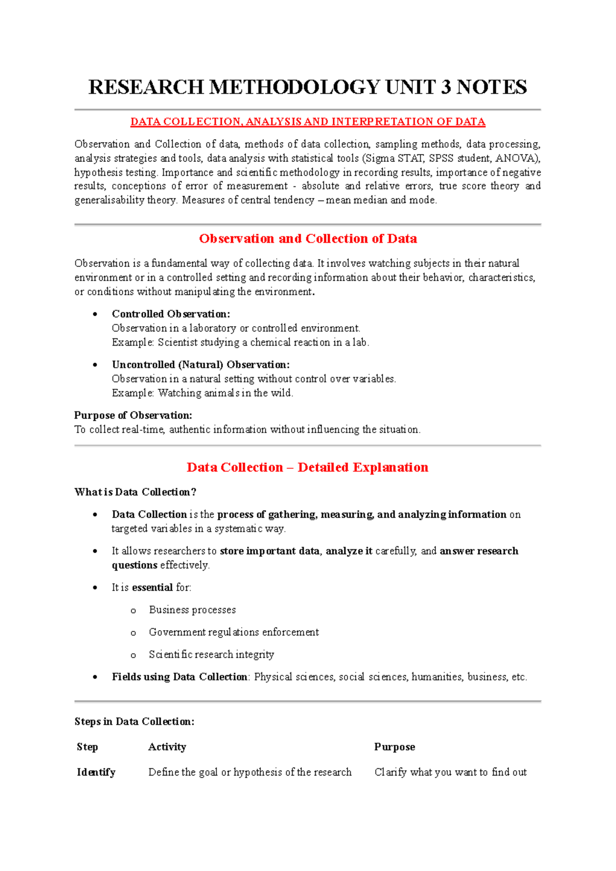 Research Methodology UNIT 3: Data Collection & Analysis Techniques ...