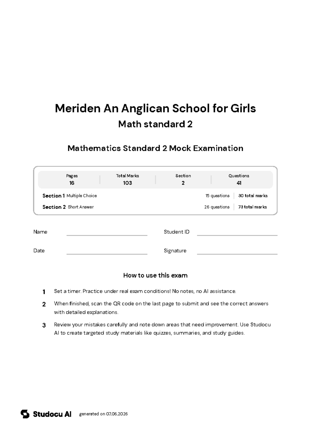 Mathematics Standard 2 Mock Exam - Studocu