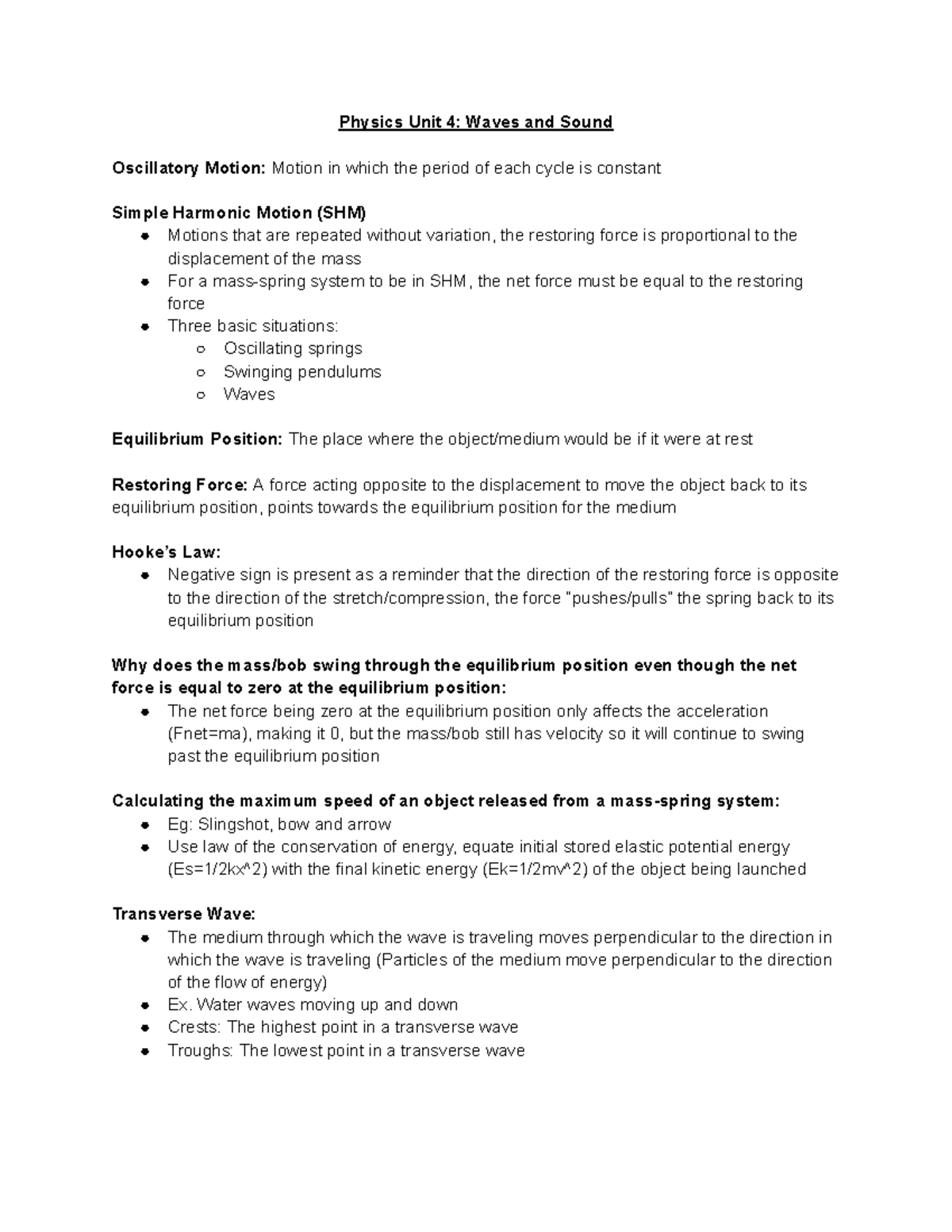 Physics Unit 4- Waves and Sound - Physics Unit 4: Waves and Sound ...