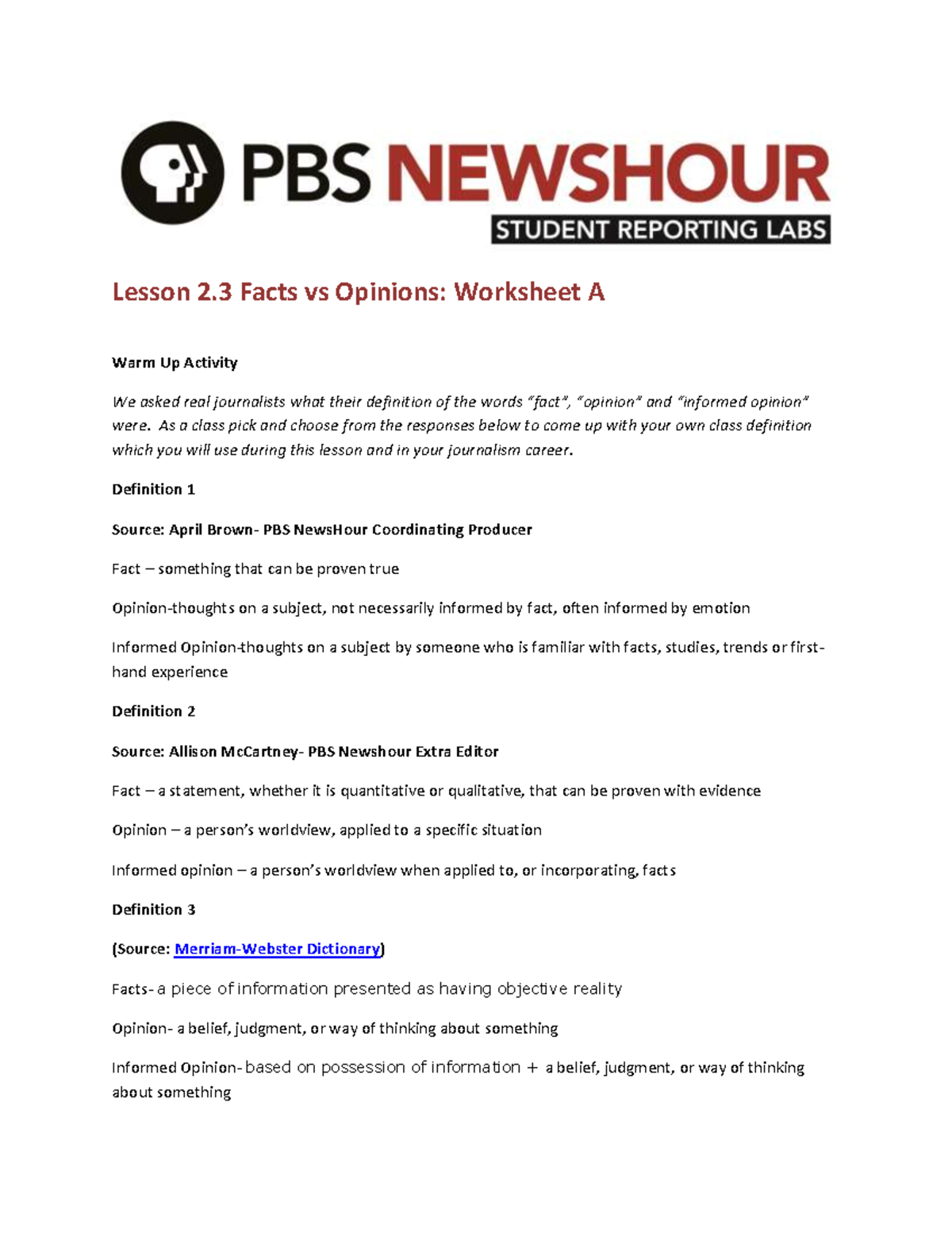 Worksheet 2 - Facts vs Opinions in English Lesson 2.3 - Studocu
