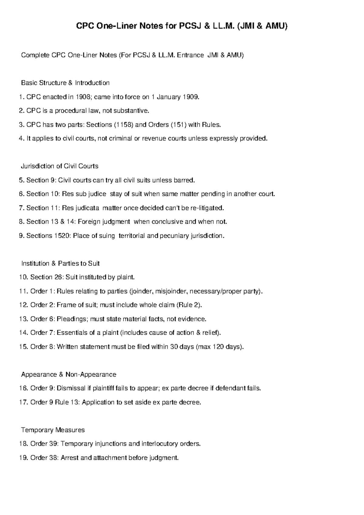 CPC One-Liner Notes for PCSJ LL.M. (JMI AMU) - Comprehensive Guide ...