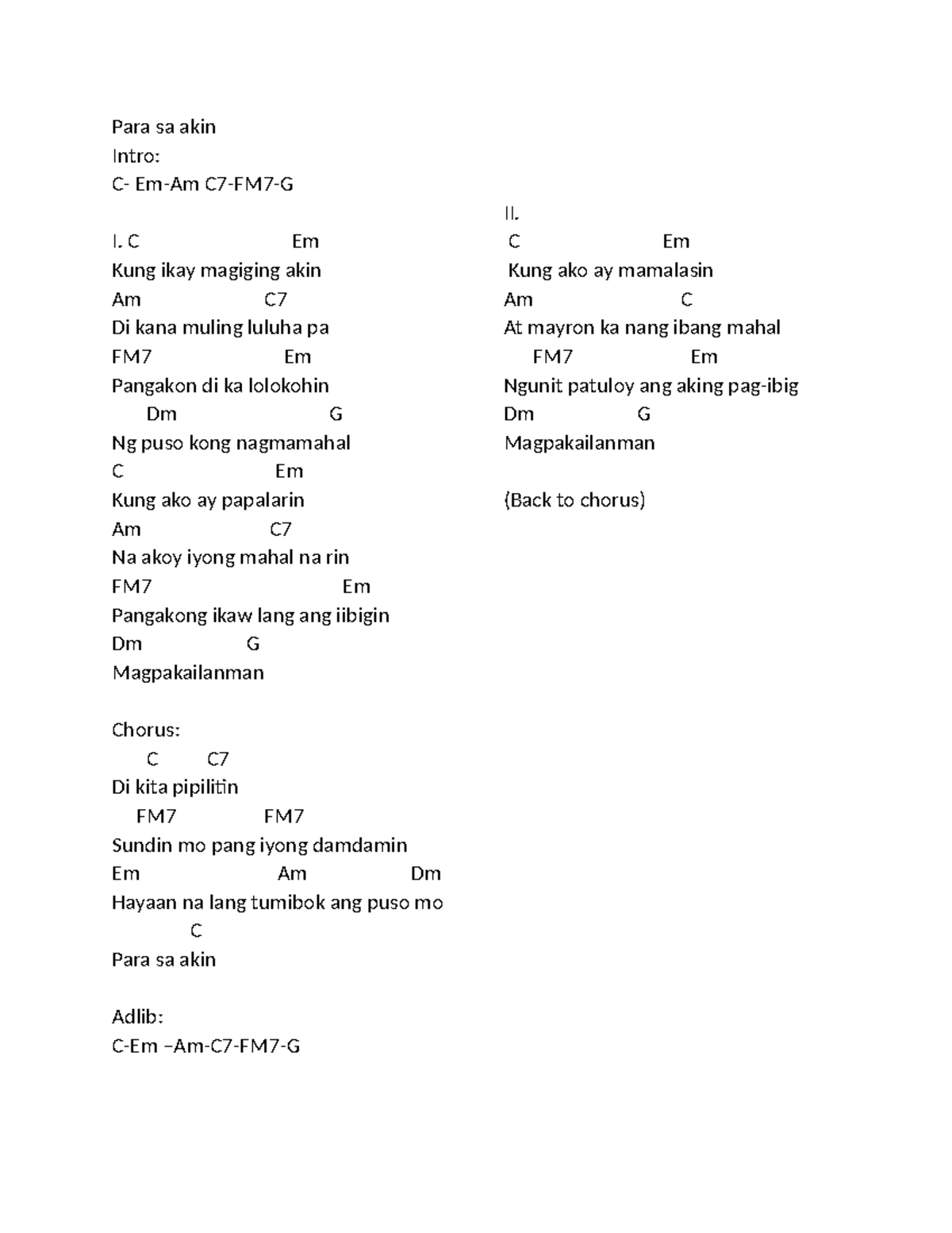 Para sa Akin: Guitar Chords and Lyrics Guide - Studocu