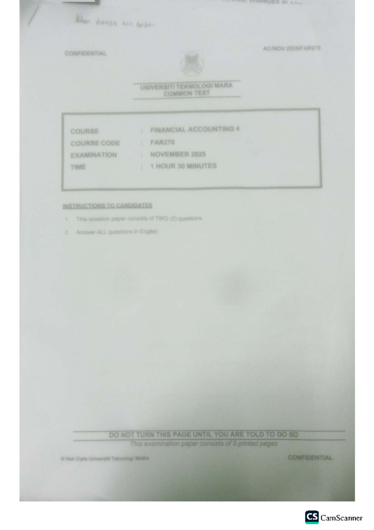 Common Test FAR270: Financial Accounting 4 - November 2025 Exam - Studocu