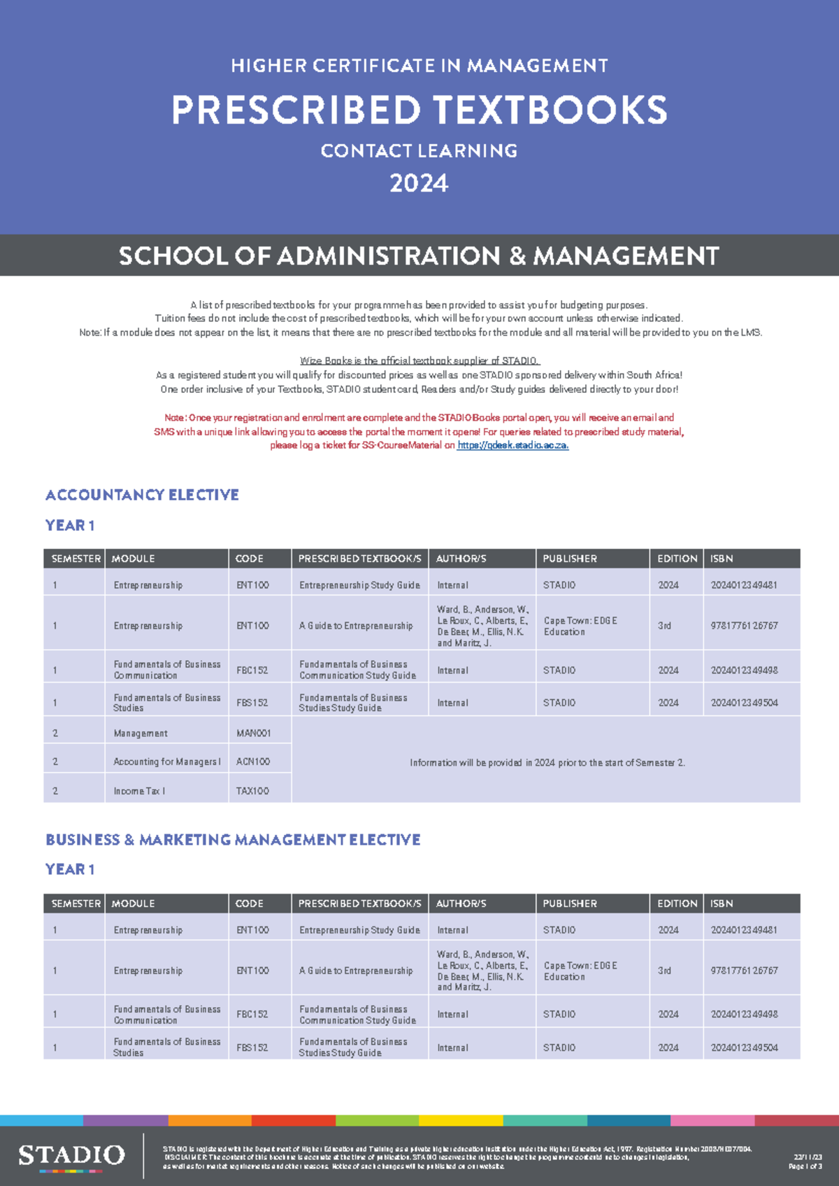 STADIO HC IN MANAGEMENT 2024: Prescribed Textbooks Overview - Studocu