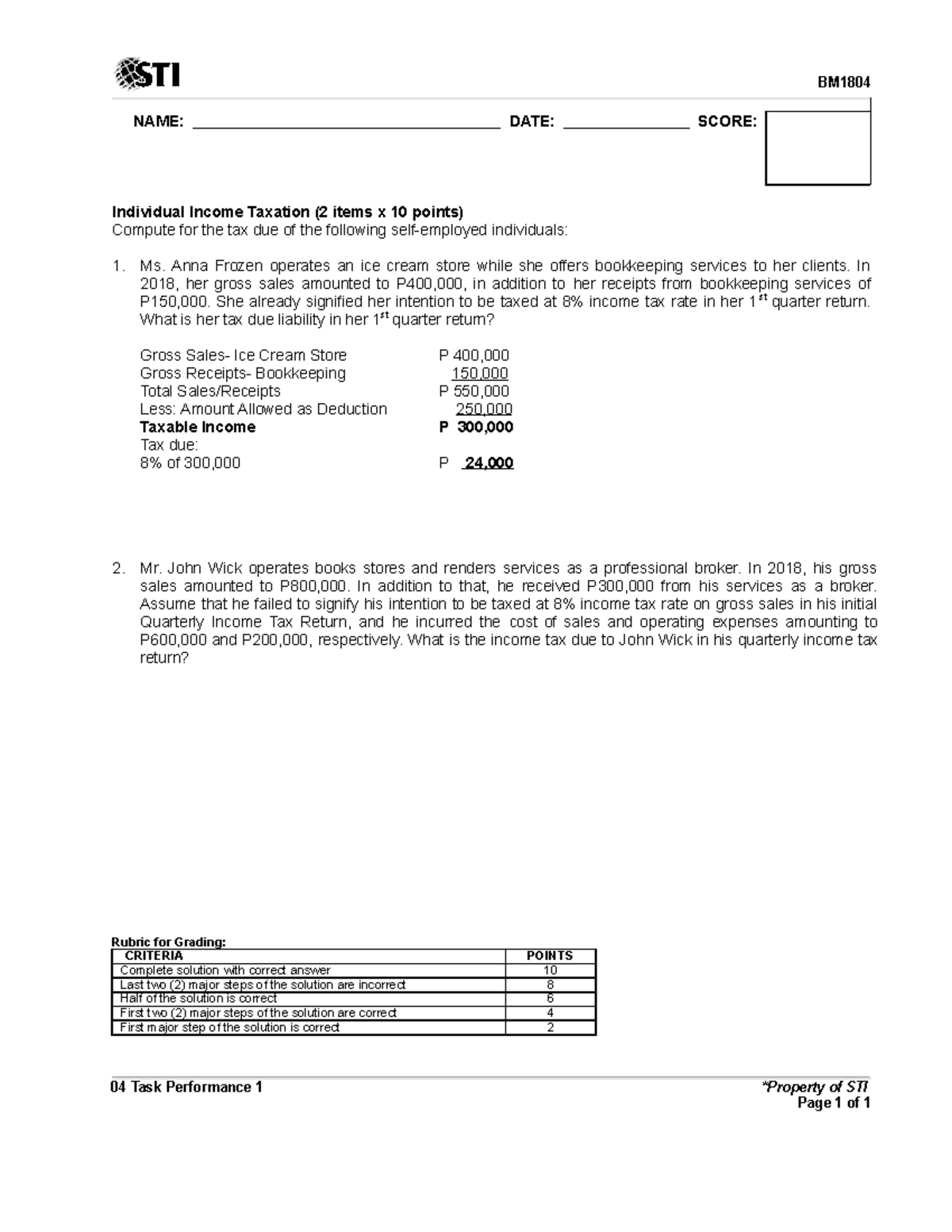 04 Task Performance 1 - Individual Income Taxation Activity - BM NAME: DATE: SCORE: Individual ...