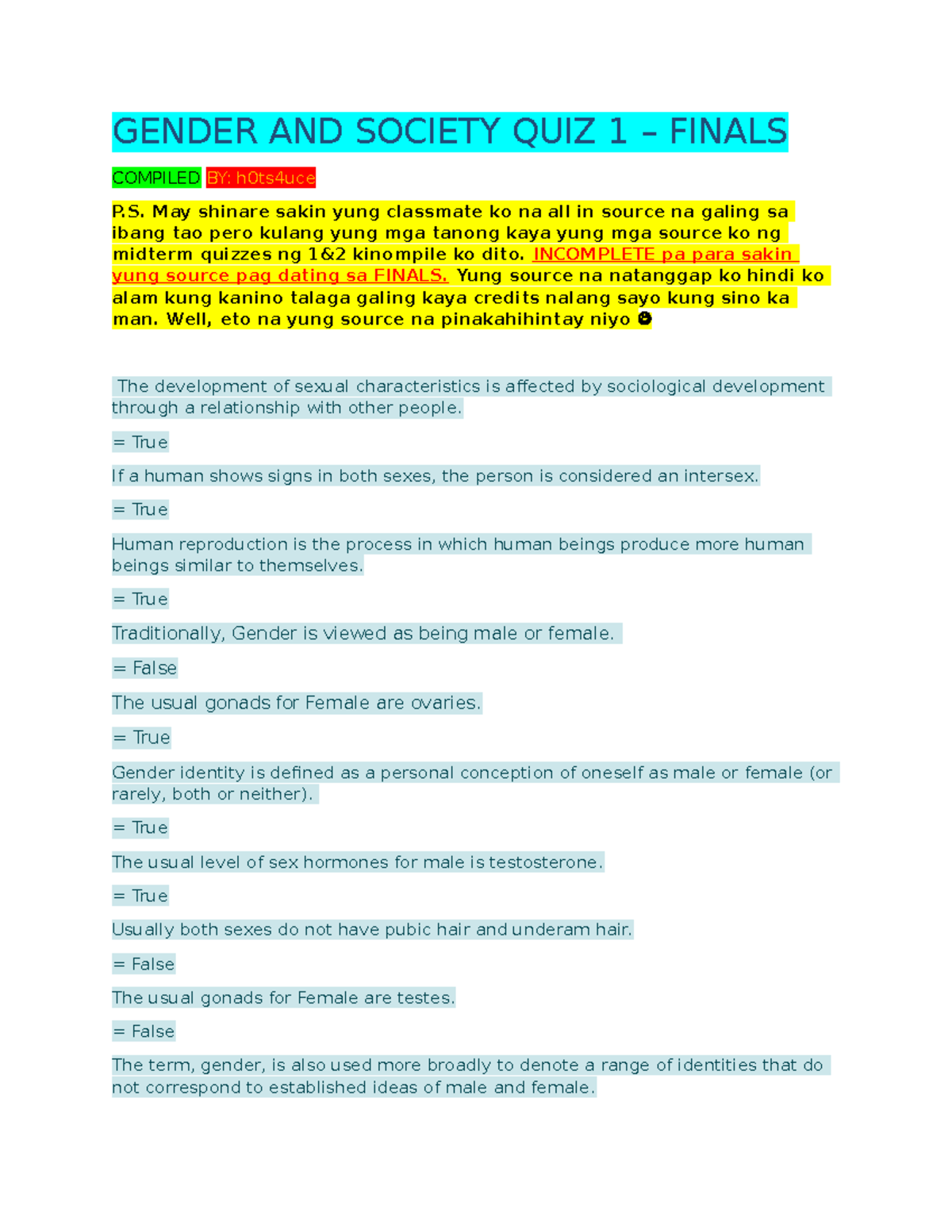 Gender AND Society ALL-IN- Source - GENDER AND SOCIETY QUIZ 1 – FINALS ...
