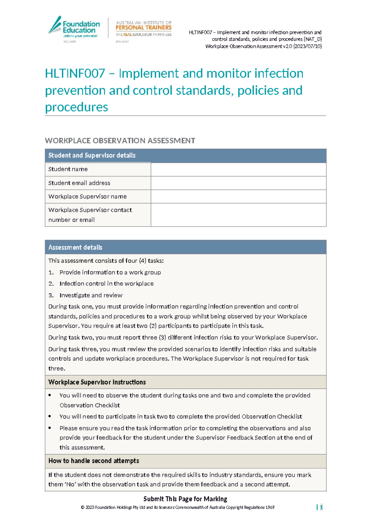 HLTINF007 - Workplace Observation Assessment for Infection Control (NAT ...