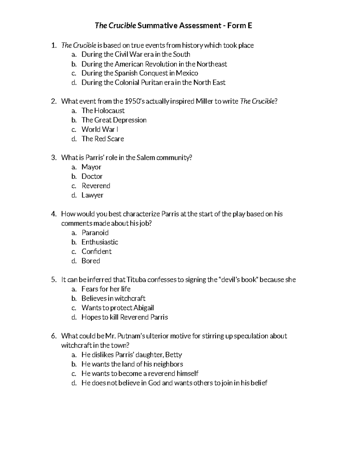 The Crucible Test - Summative Assessment Form E - Studocu