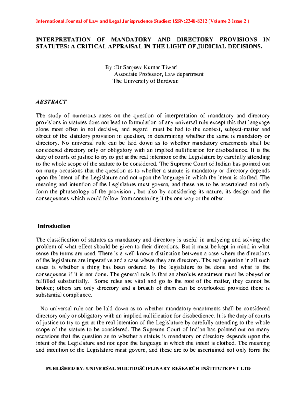 Interpretation of Mandatory & Directory Provisions in Statutes - Studocu