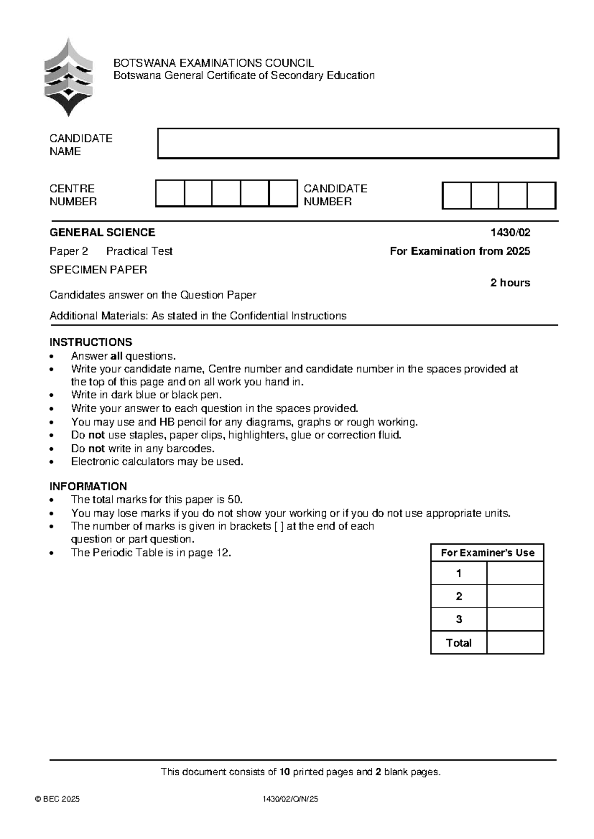 1430 General Science Paper 2 Specimen Exam 2025 Guide - Studocu