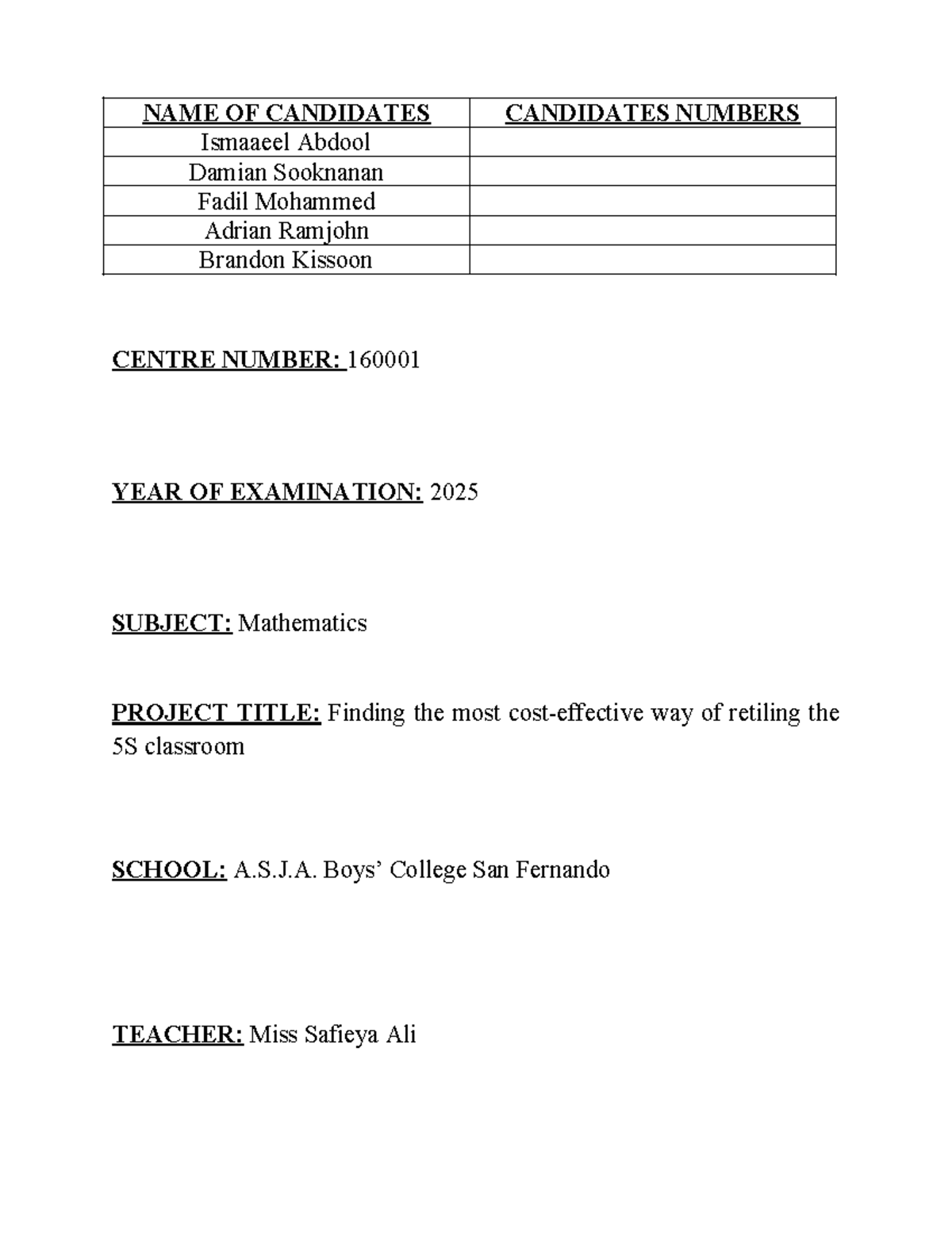 Maths SBA Final: Cost Analysis for Tiling the 5S Classroom - Studocu