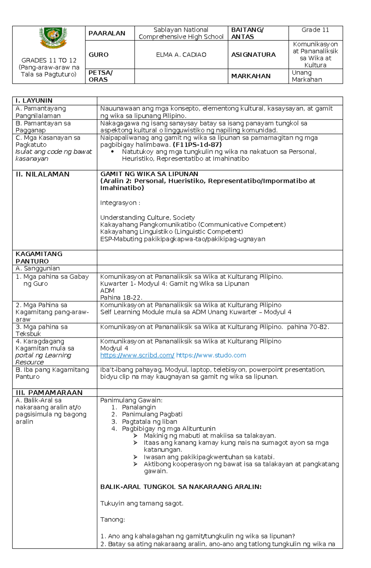Lesson Plan for KPWKP: Gamit ng Wika sa Lipunan (Grade 11) - Studocu