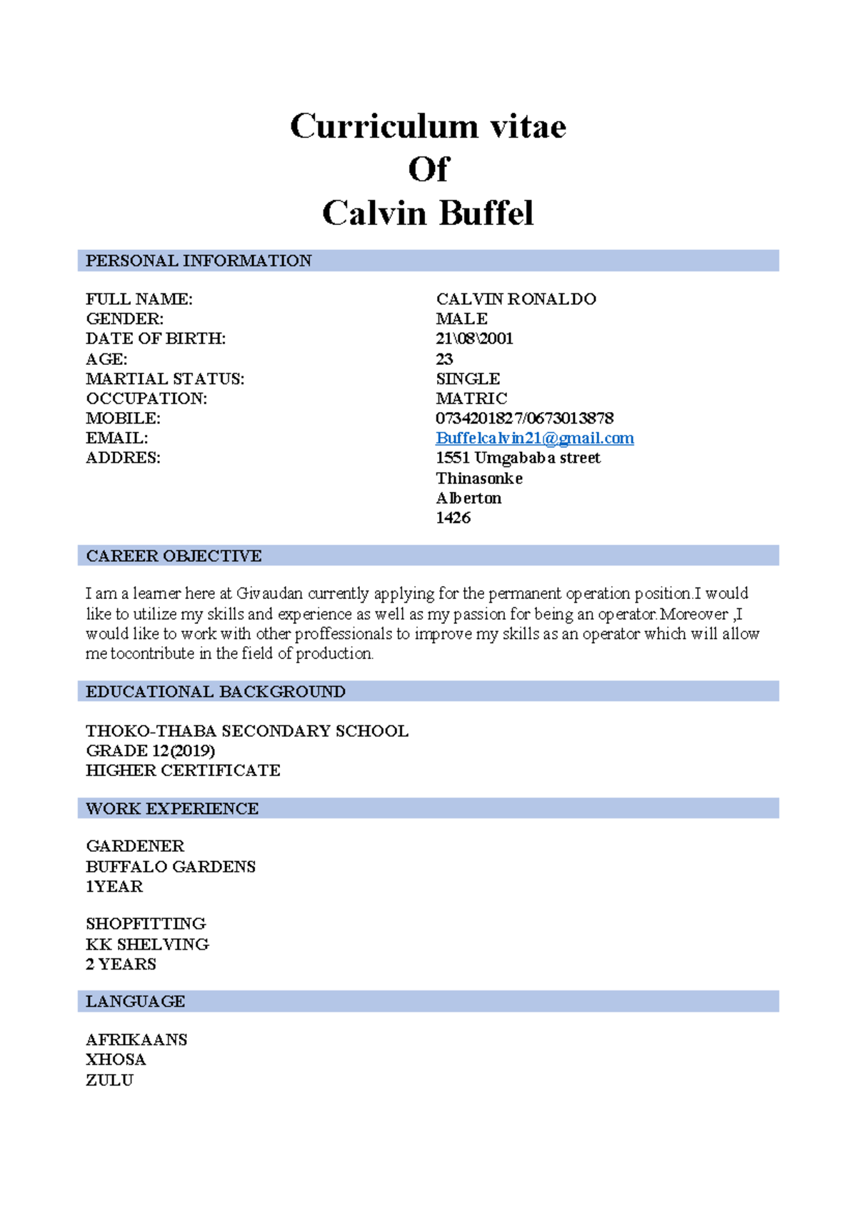 Curriculum Vitae of Calvin Buffel - Permanent Operator Application ...