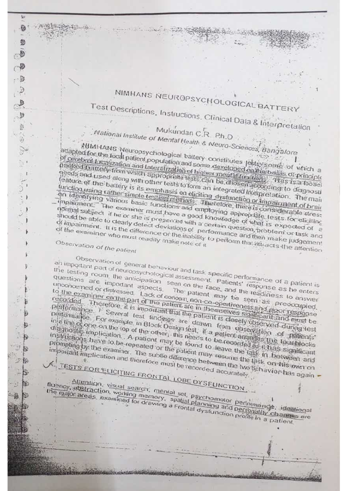 NIMHANS Neuropsychological Battery: Comprehensive Test Guide - Studocu