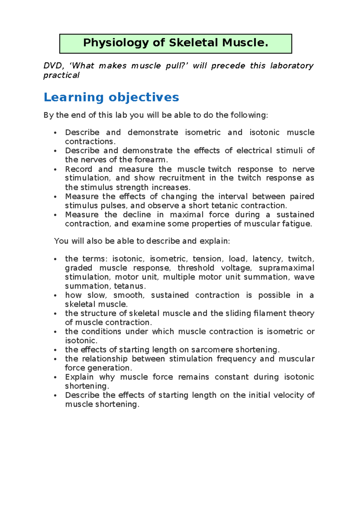 Lab 2: Physiology of Skeletal Muscle - Practical Exercises and ...