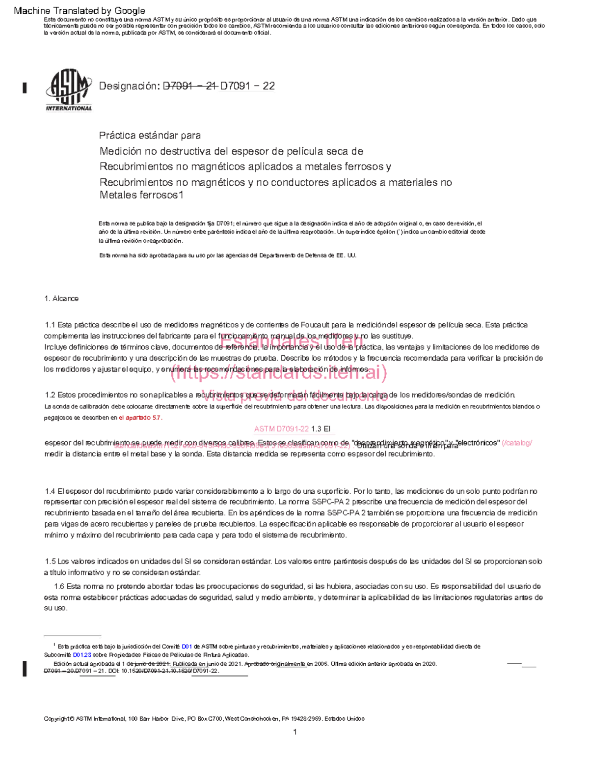 ASTM D7091-22 Práctica Estándar para Medición de Espesor de Recubrimientos - Studocu