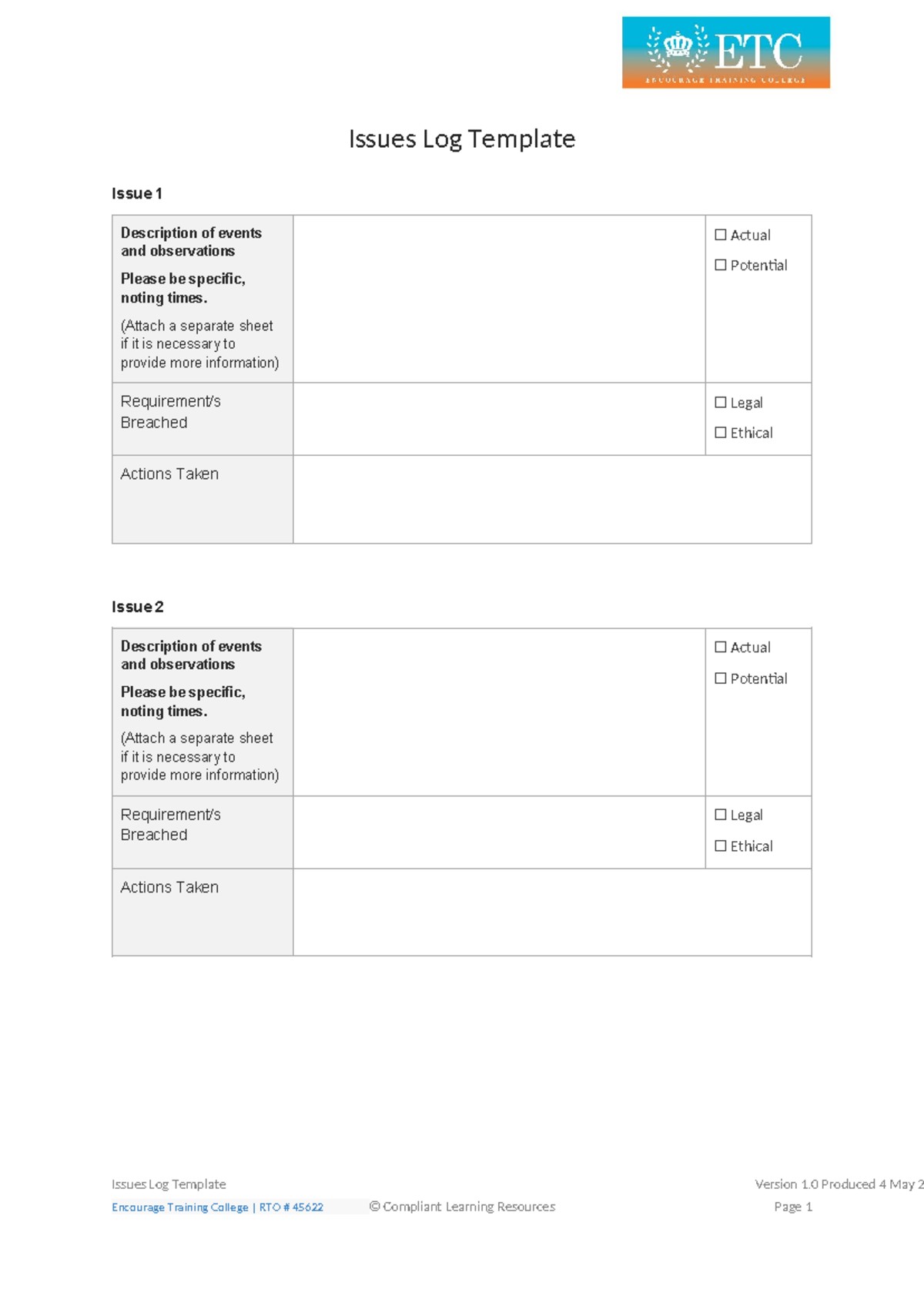 Issues Log Template v1.0 for Encourage Training College RTO 45622 - Studocu