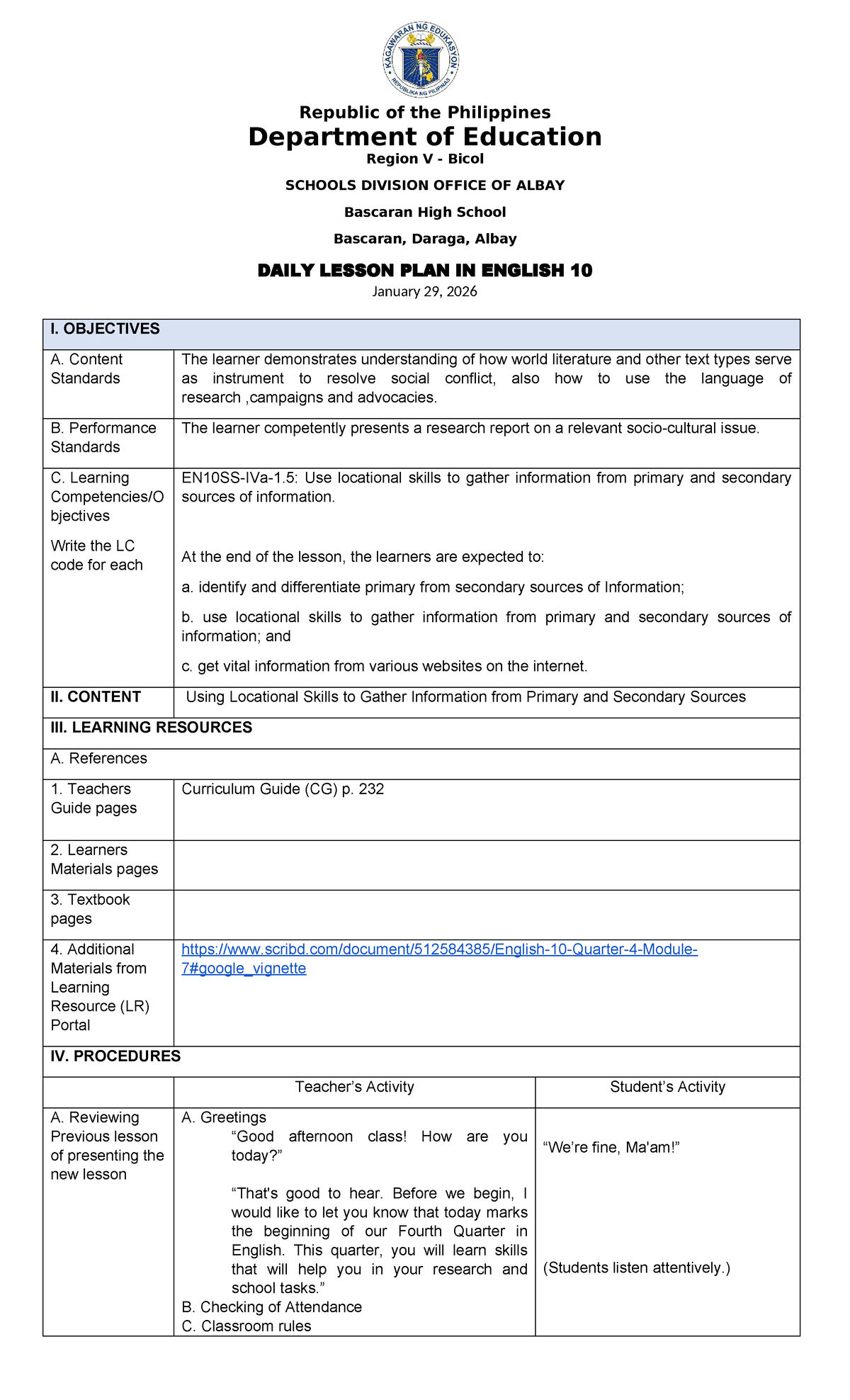 Daily Lesson Plan in English 10: Using Primary & Secondary Sources ...