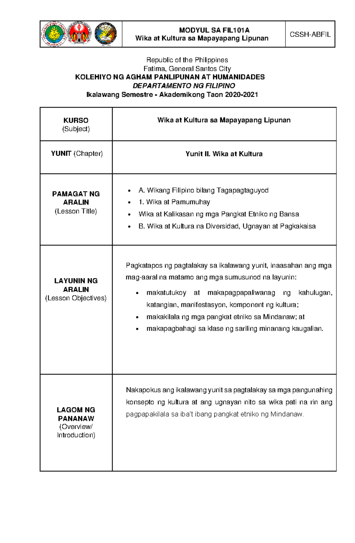 Modyul 2 - Wika at Kultura - Wika at Kultura sa Mapayapang Lipunan CSSH-ABFIL Republic of the ...