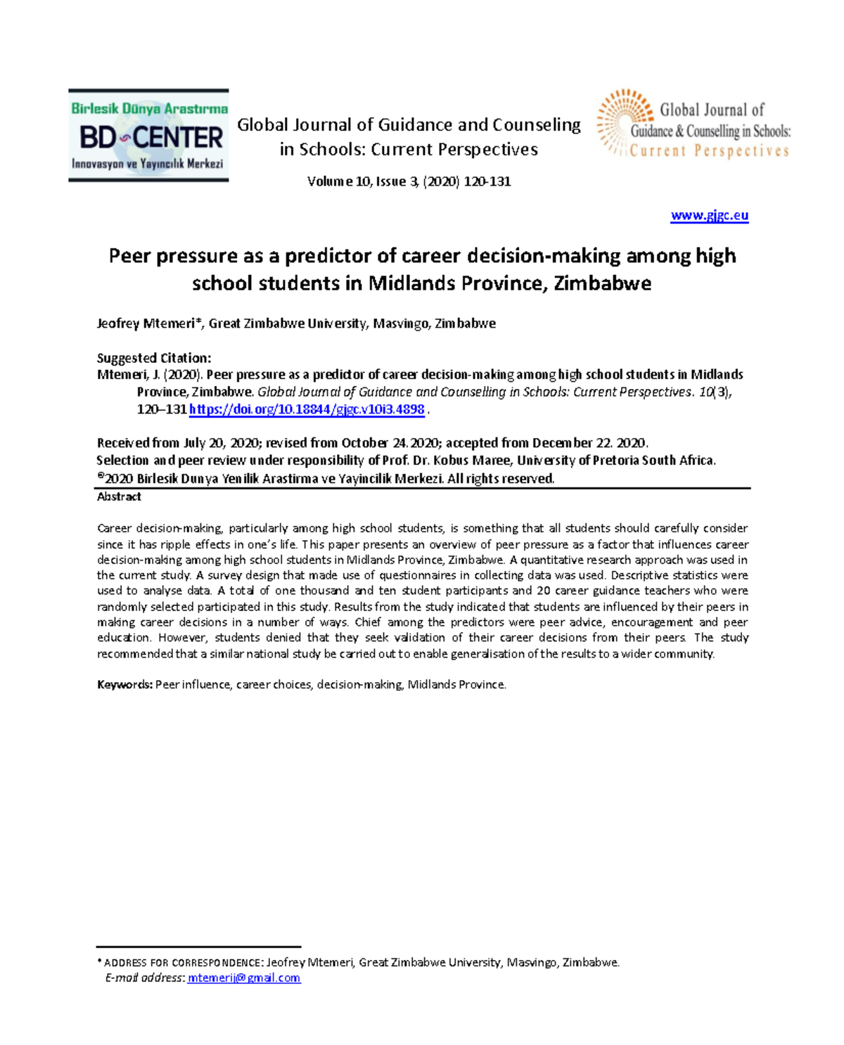 Peer pressure as a predictor of career decision-ma - Global Journal of ...