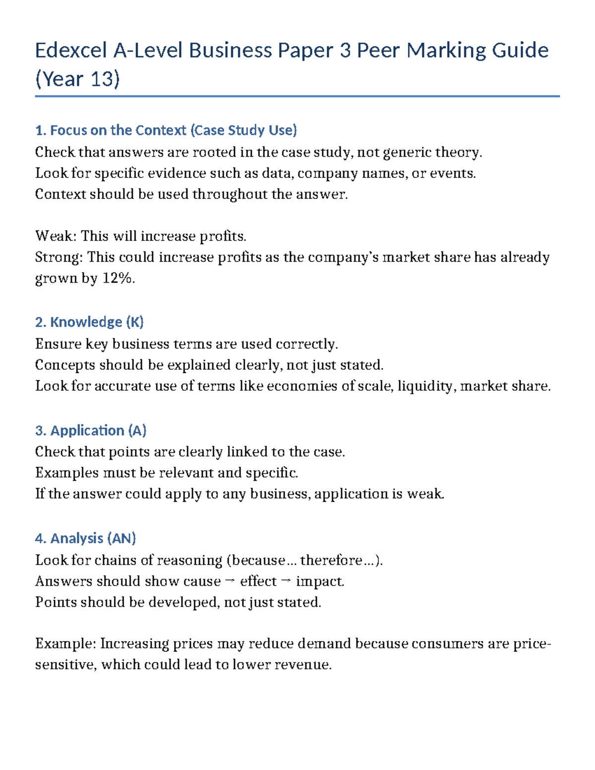 Edexcel Business Paper 3 Peer Marking Guide (Year 13) - Studocu
