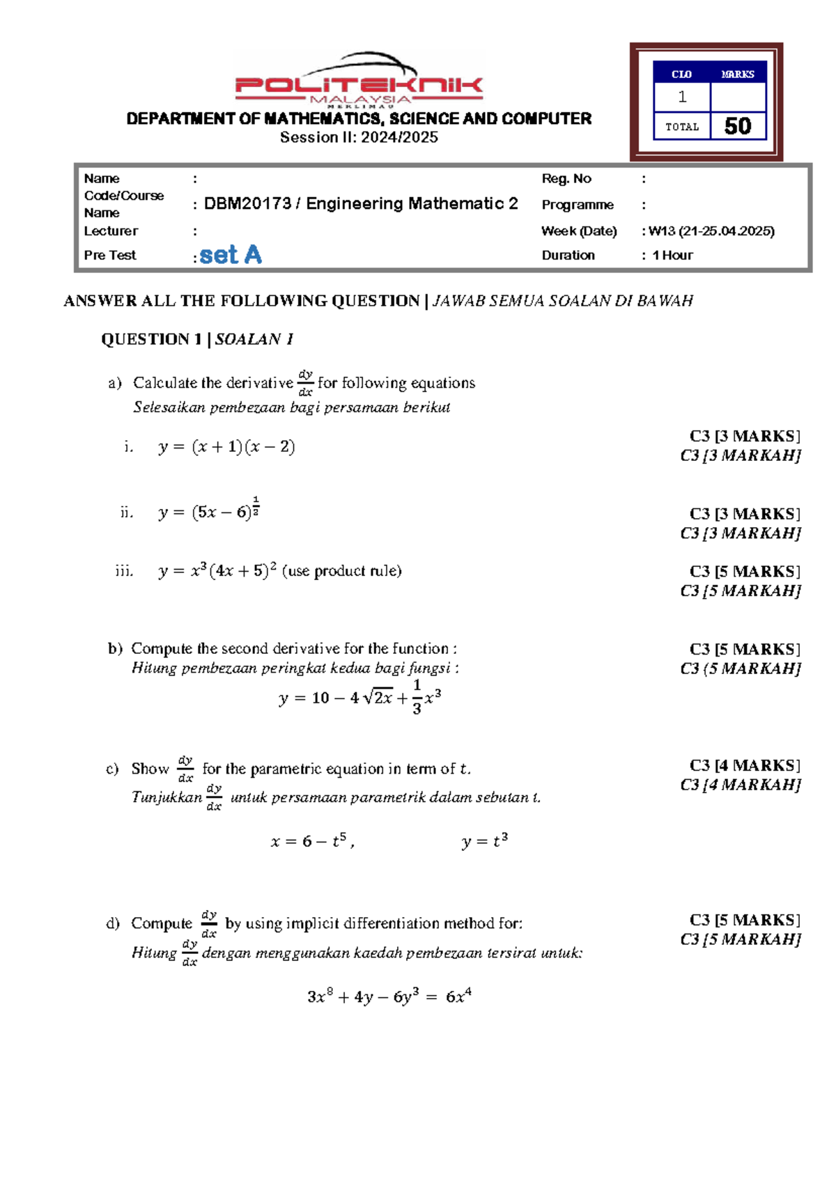 Pre Test DBM20173: Engineering Mathematics 2 (W13) - Derivatives ...