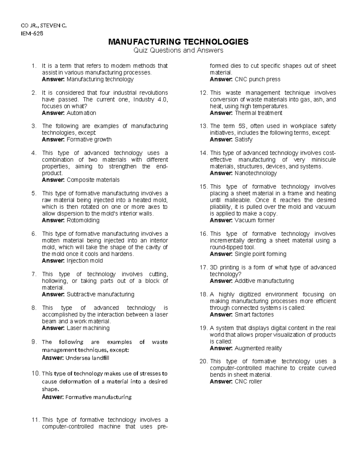 Quiz - Manufacturing Technologies - CO JR., STEVEN C. IEM ...