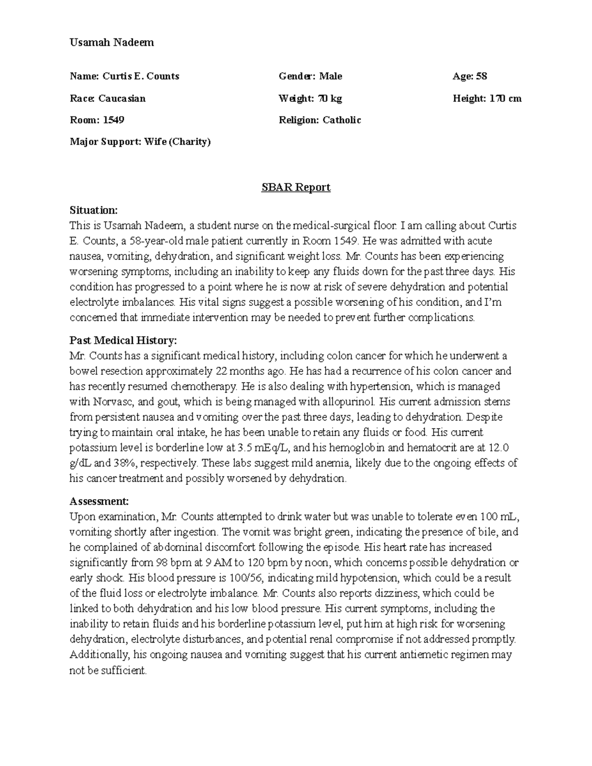 SBAR Report for NURS 101: Patient Curtis E. Counts Analysis - Studocu