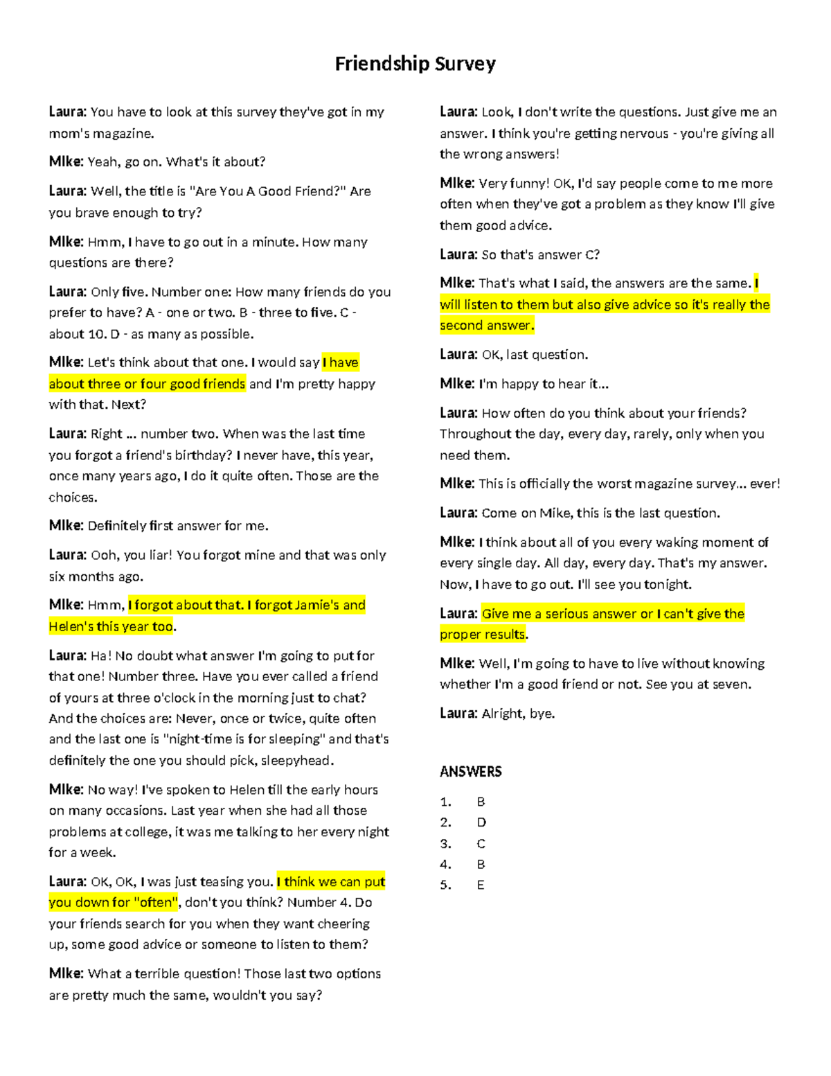 Friendship Survey Transcript: Insights from Laura and Mike - Studocu