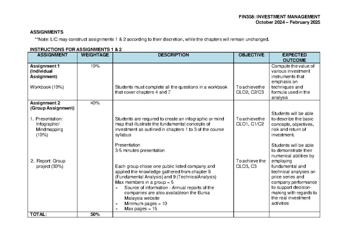 FIN358 Assignments 1 & 2 Guidelines for 2024-2025 Academic Year - Studocu