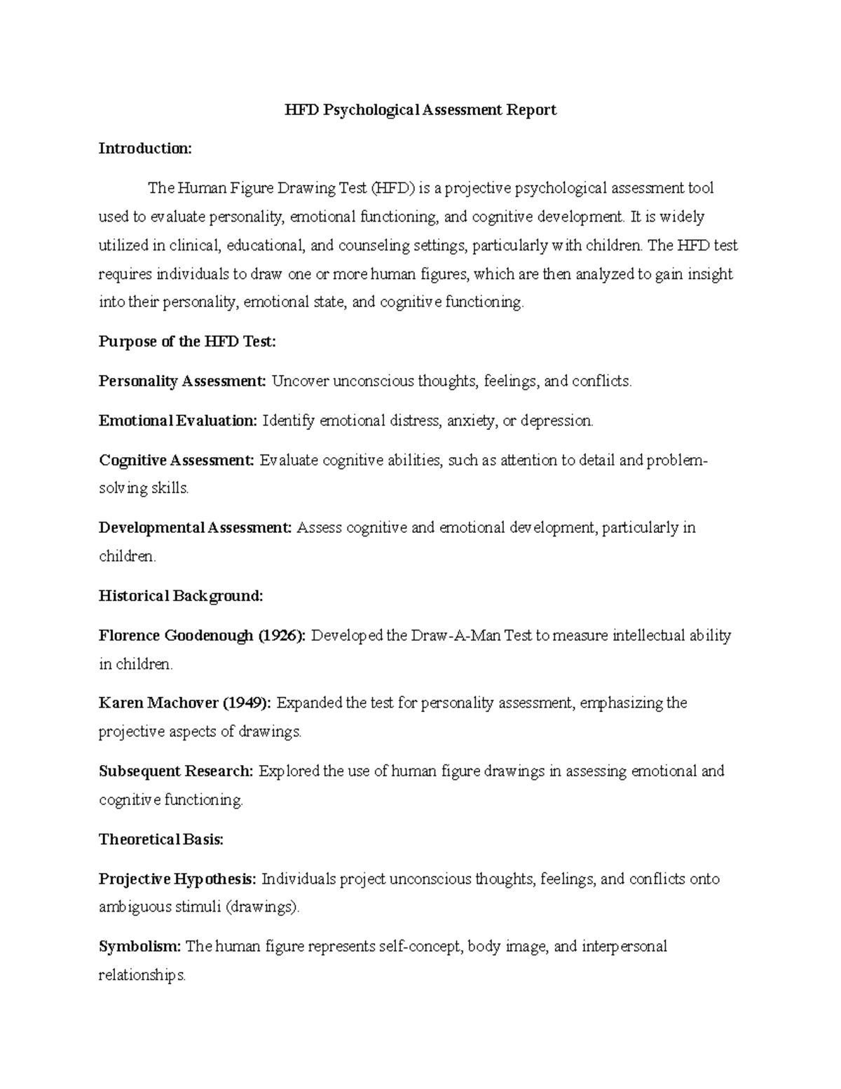 HFD Psychological Assessment Report: Human Figure Drawing Test Insights ...