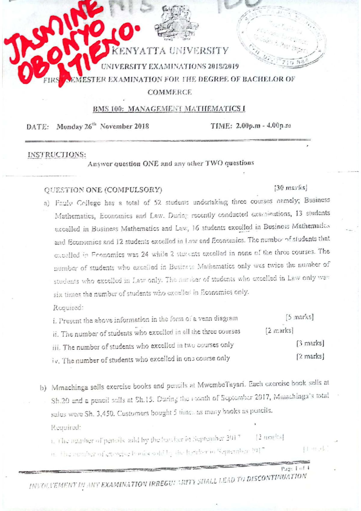 BMS 100: Management Mathematics I - Final Exam Paper (Nov 2018) - Studocu