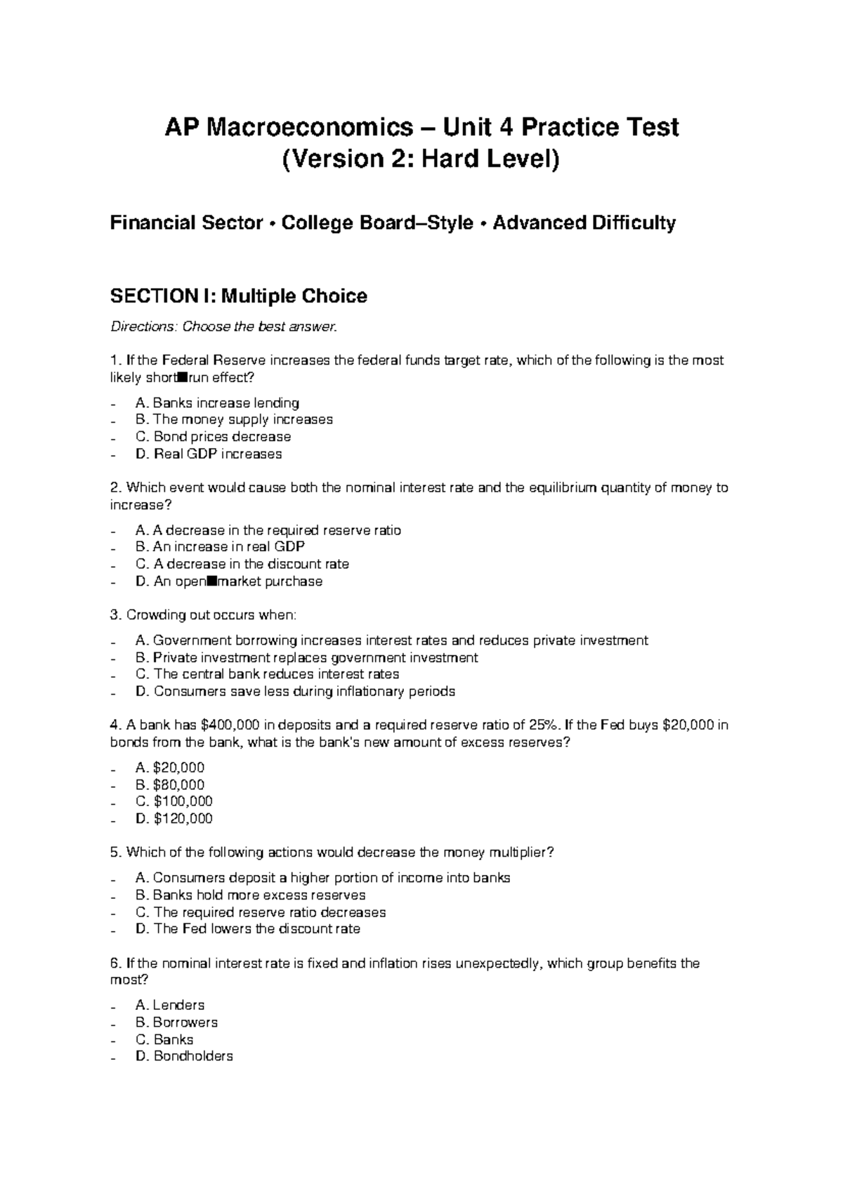 AP Macroeconomics Unit 4 Financial Sector Practice Test (Hard Version ...