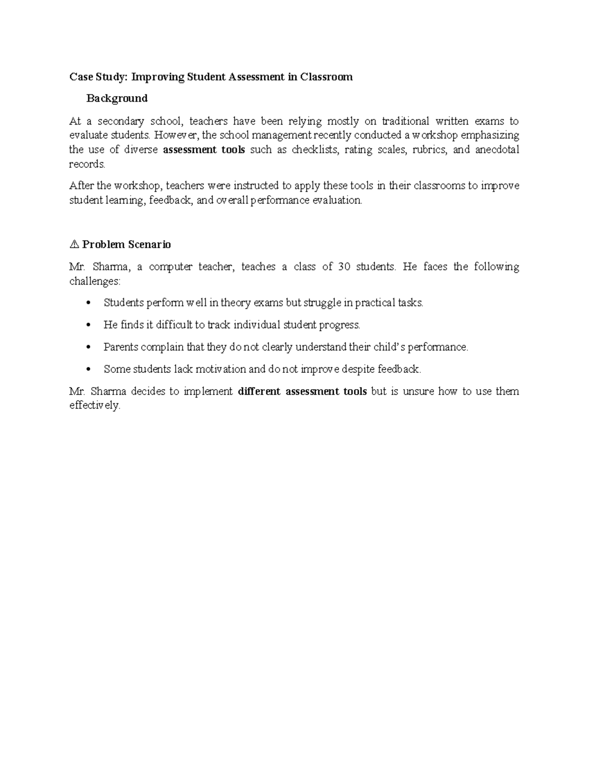 Case Study: Enhancing Student Assessment Tools in Classrooms - Studocu
