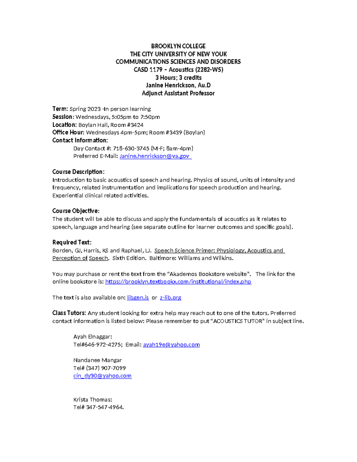 CASD 1179 Acoustics Syllabus - Spring 2023 - Studocu