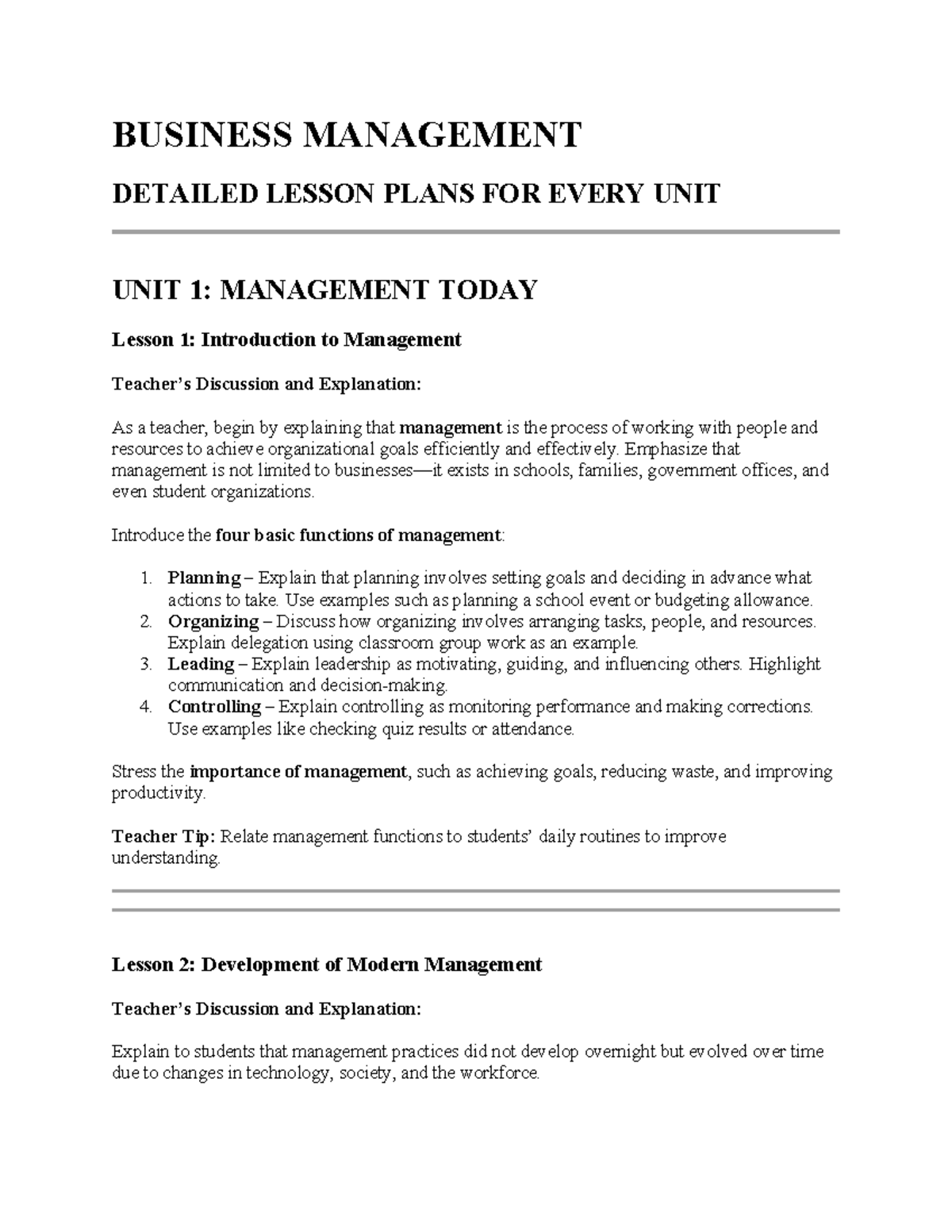 BUSINESS MANAGEMENT (BM101) DETAILED LESSON PLANS FOR EVERY UNIT - Studocu