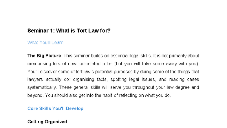 Seminar 1: Understanding Tort Law and Core Legal Skills - Studocu