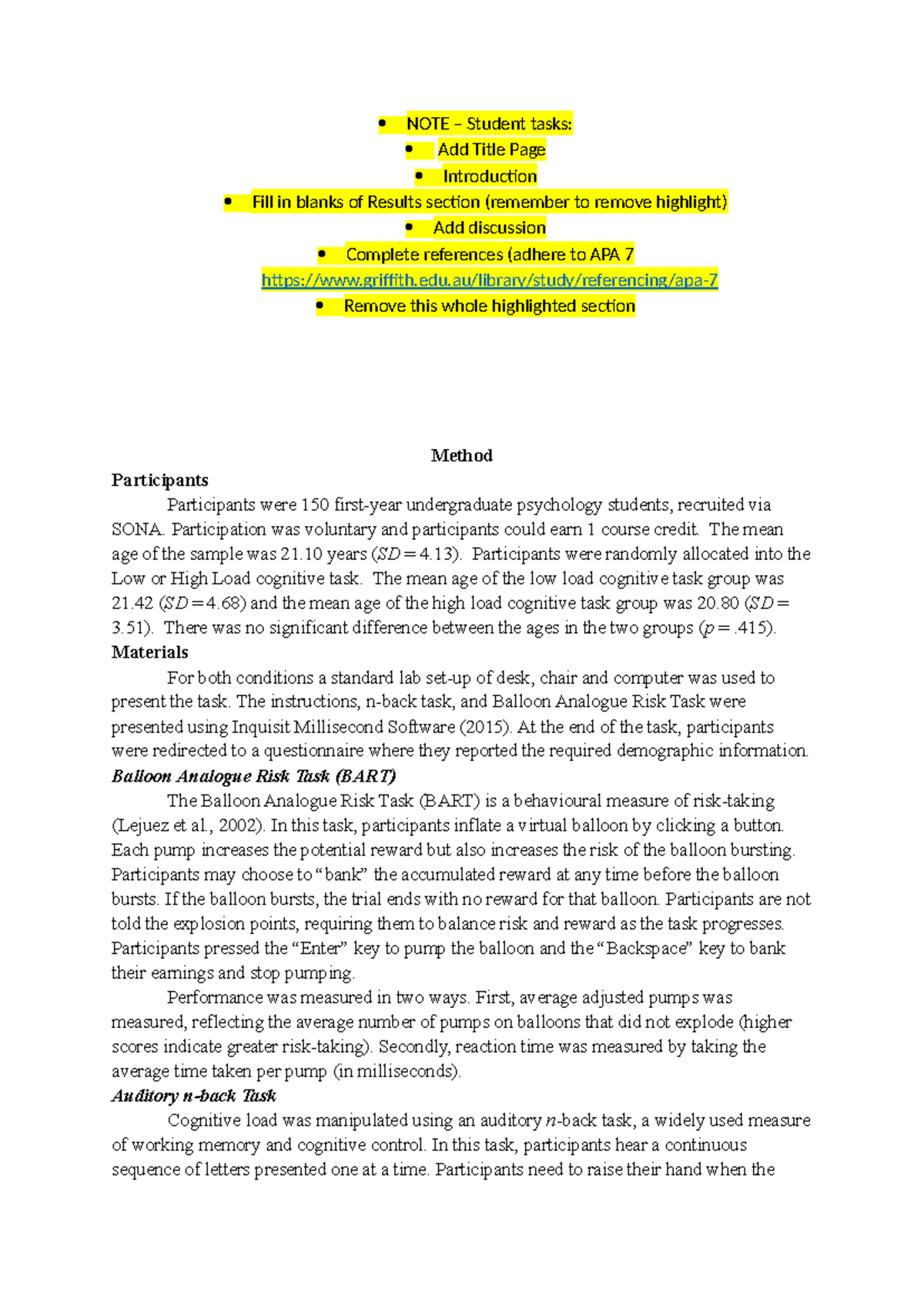 2006 PSY Lab Report Template: Cognitive Load & BART Analysis - Studocu